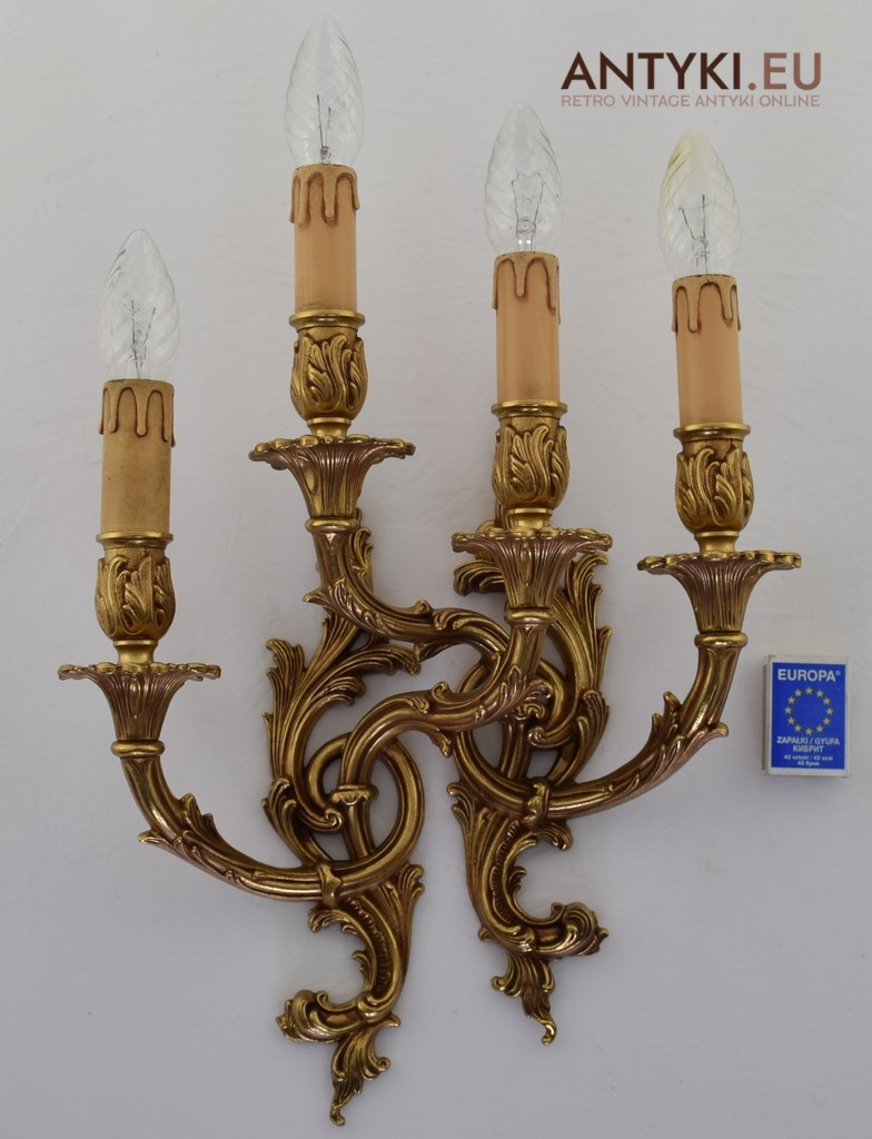 Antyk - złote kinkiety barokowe z brązu. Sygnowane lampy ścienne rococo ...